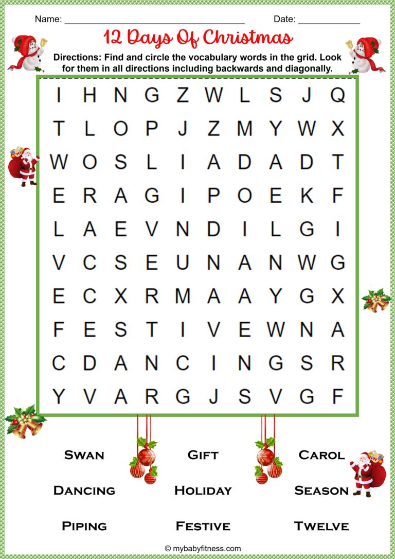 Twelve days of Christmas word search – My Baby Fitness