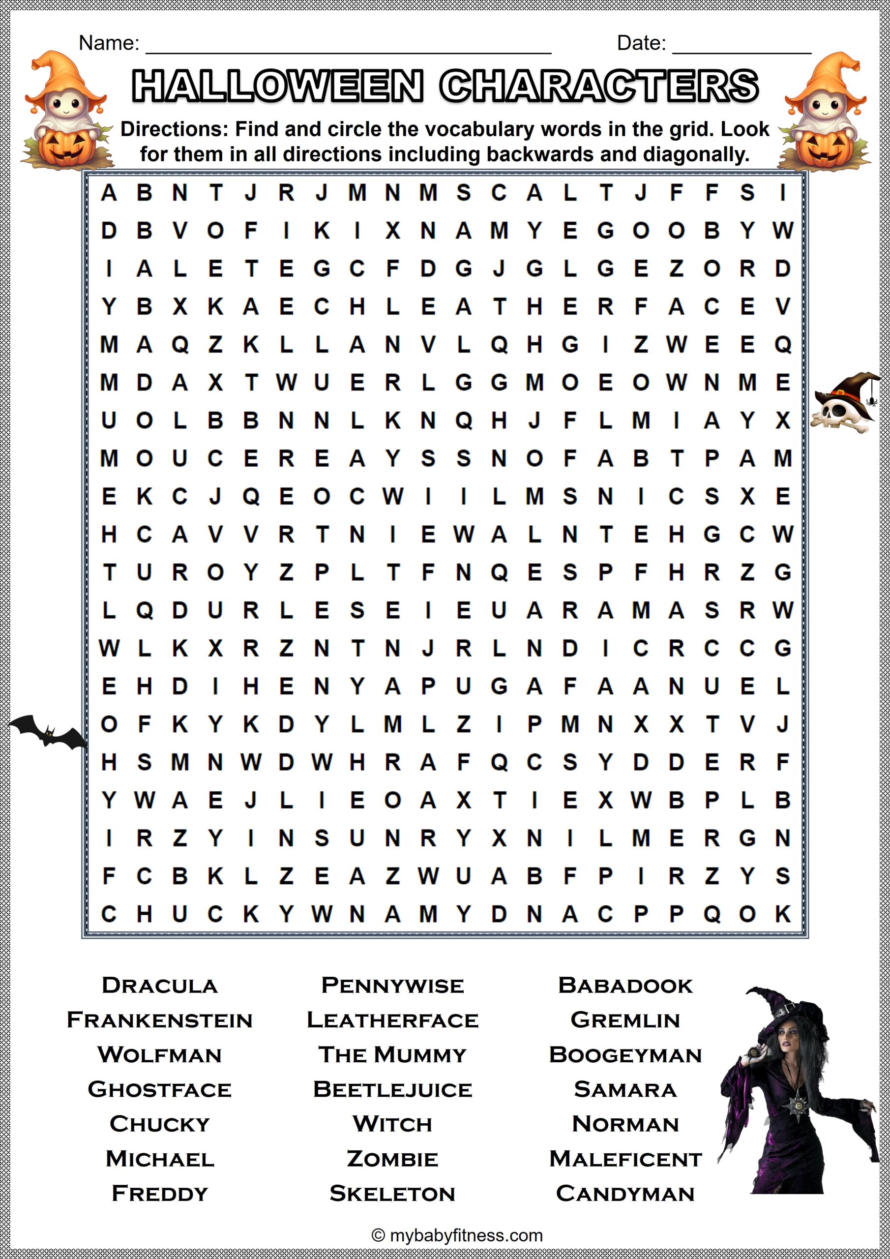 Halloween Characters : Word Search – My Baby Fitness