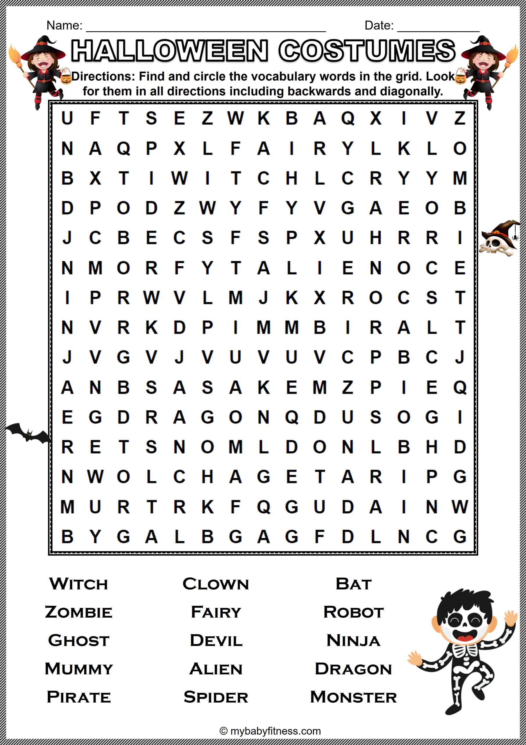 Halloween Costumes : Word Search – My Baby Fitness