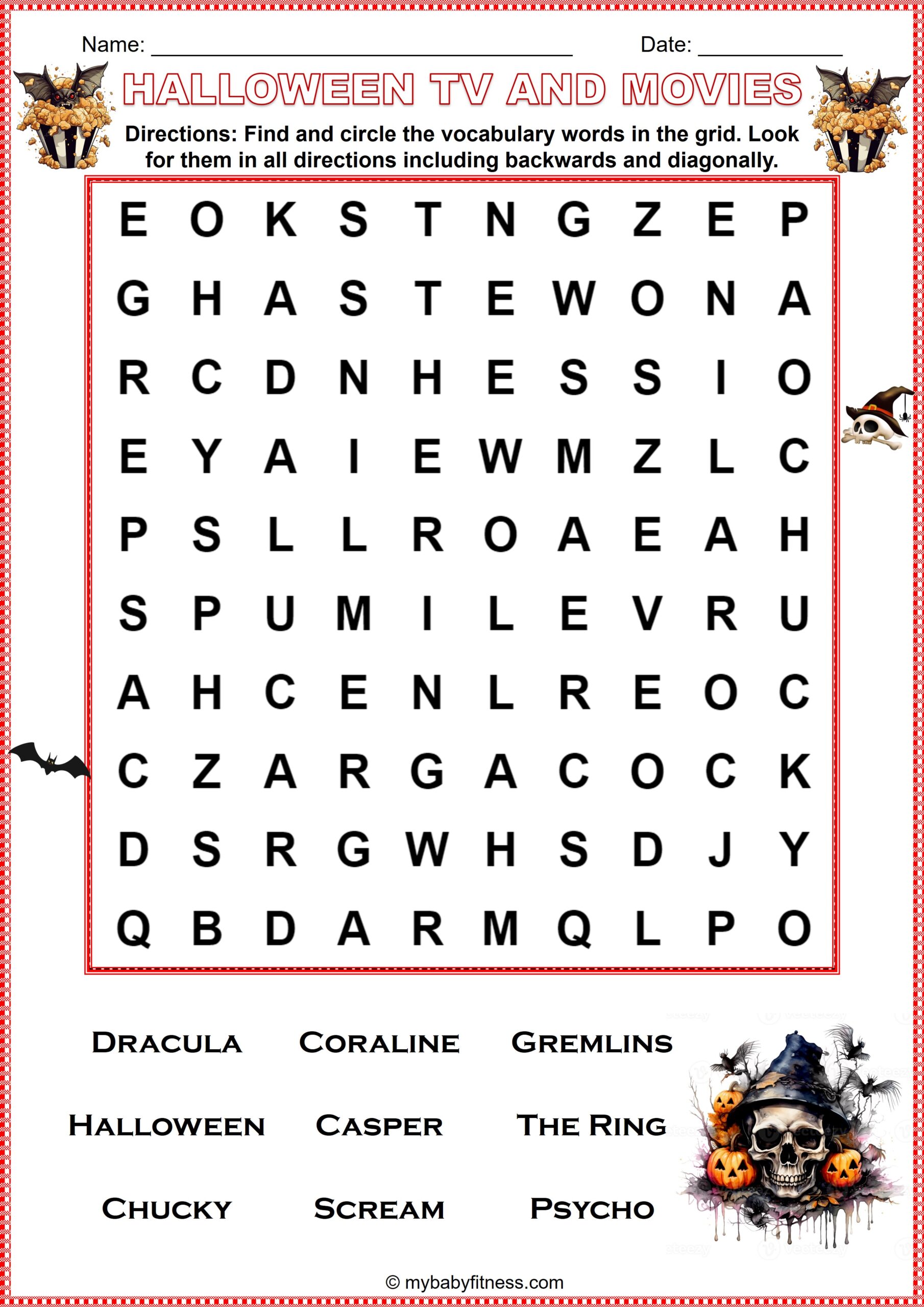 Halloween TV and Movies : Word Search – My Baby Fitness