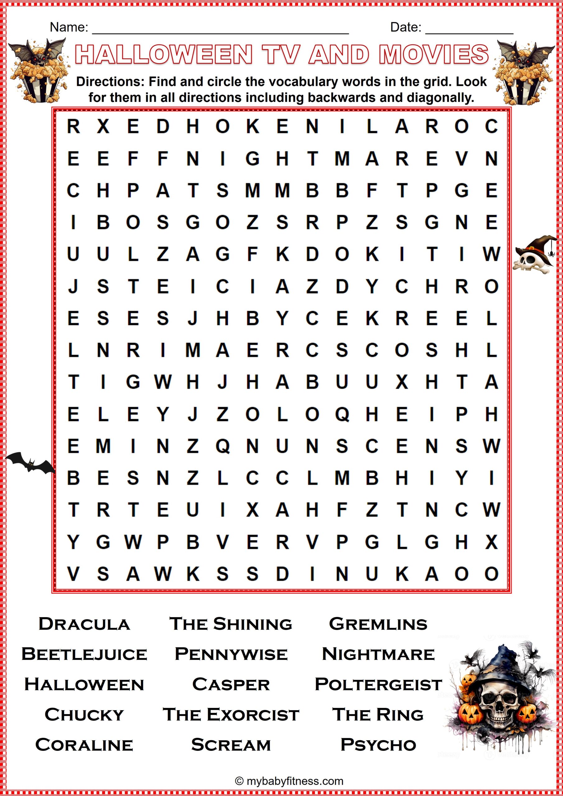 Halloween TV and Movies : Word Search – My Baby Fitness