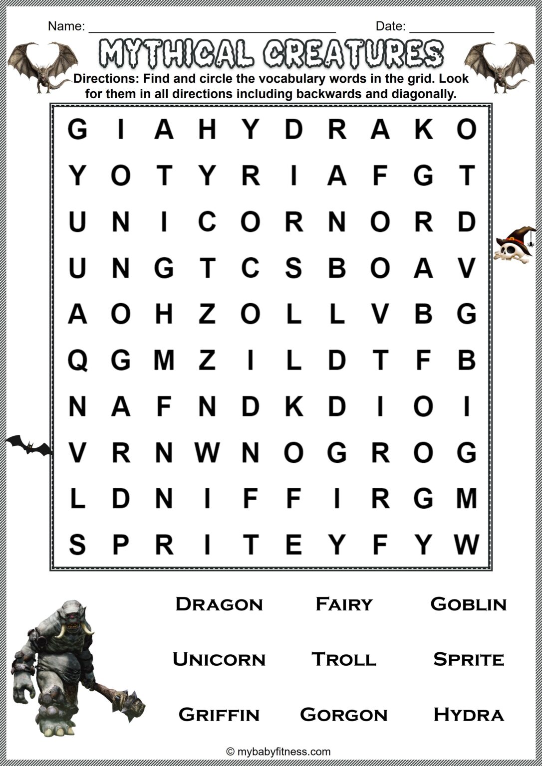 Mythical Creatures : Word Search – My Baby Fitness