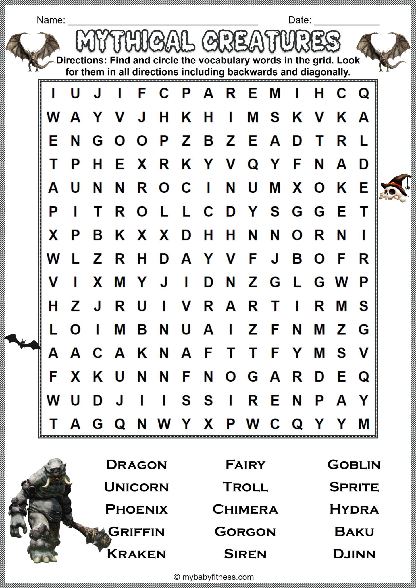 Mythical Creatures : Word Search – My Baby Fitness