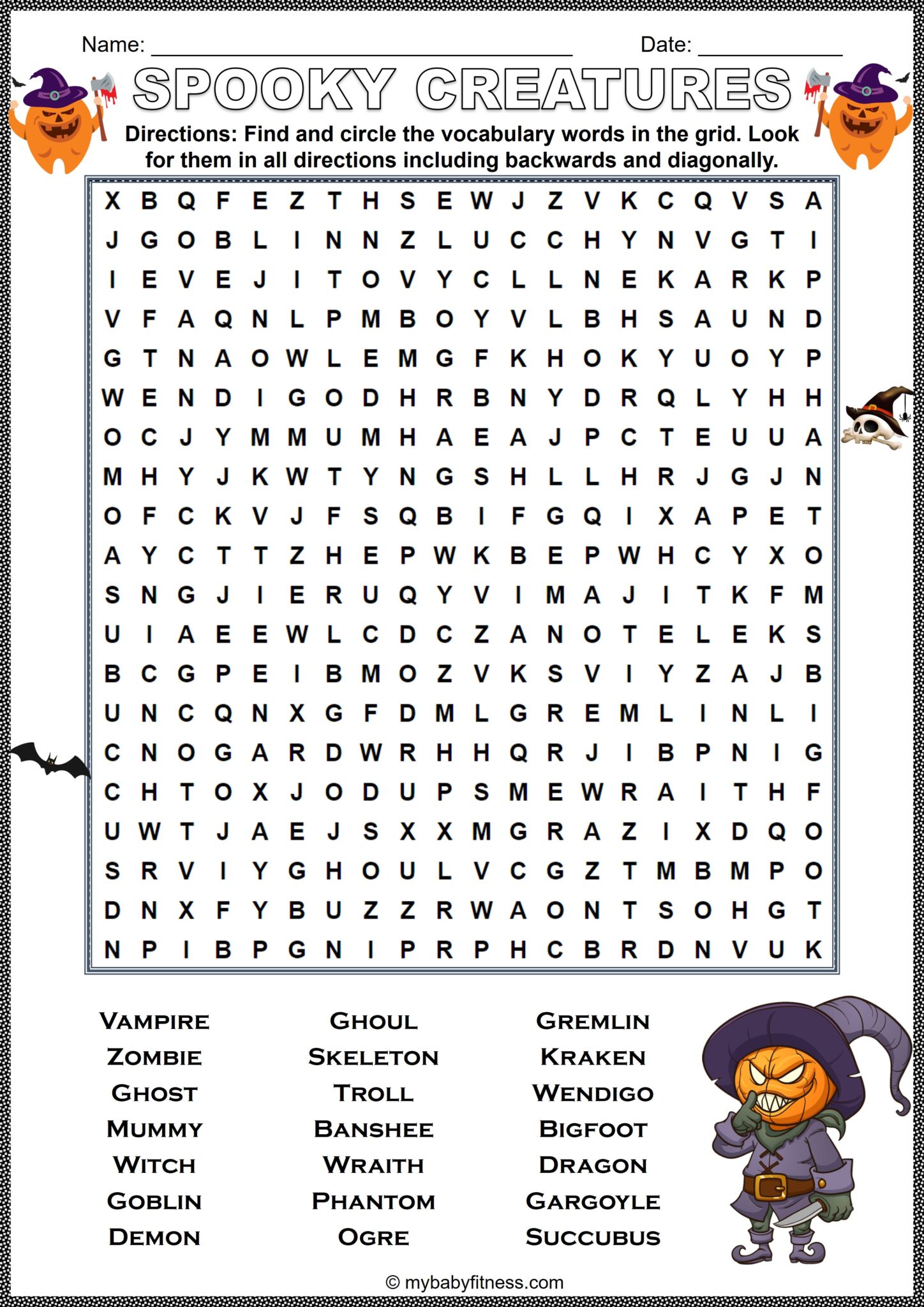 Spooky Creatures : Word Search – My Baby Fitness
