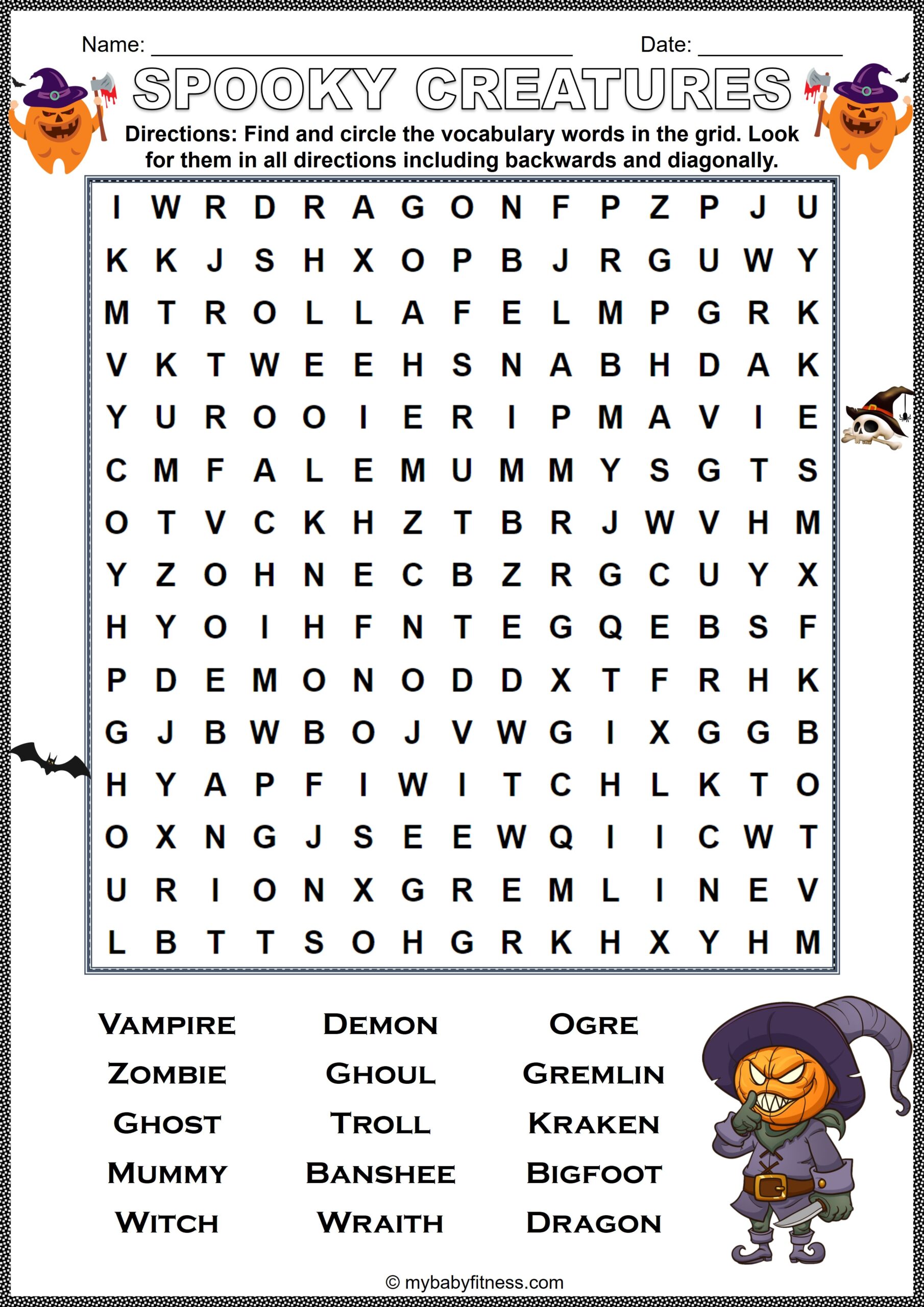 Spooky Creatures : Word Search – My Baby Fitness