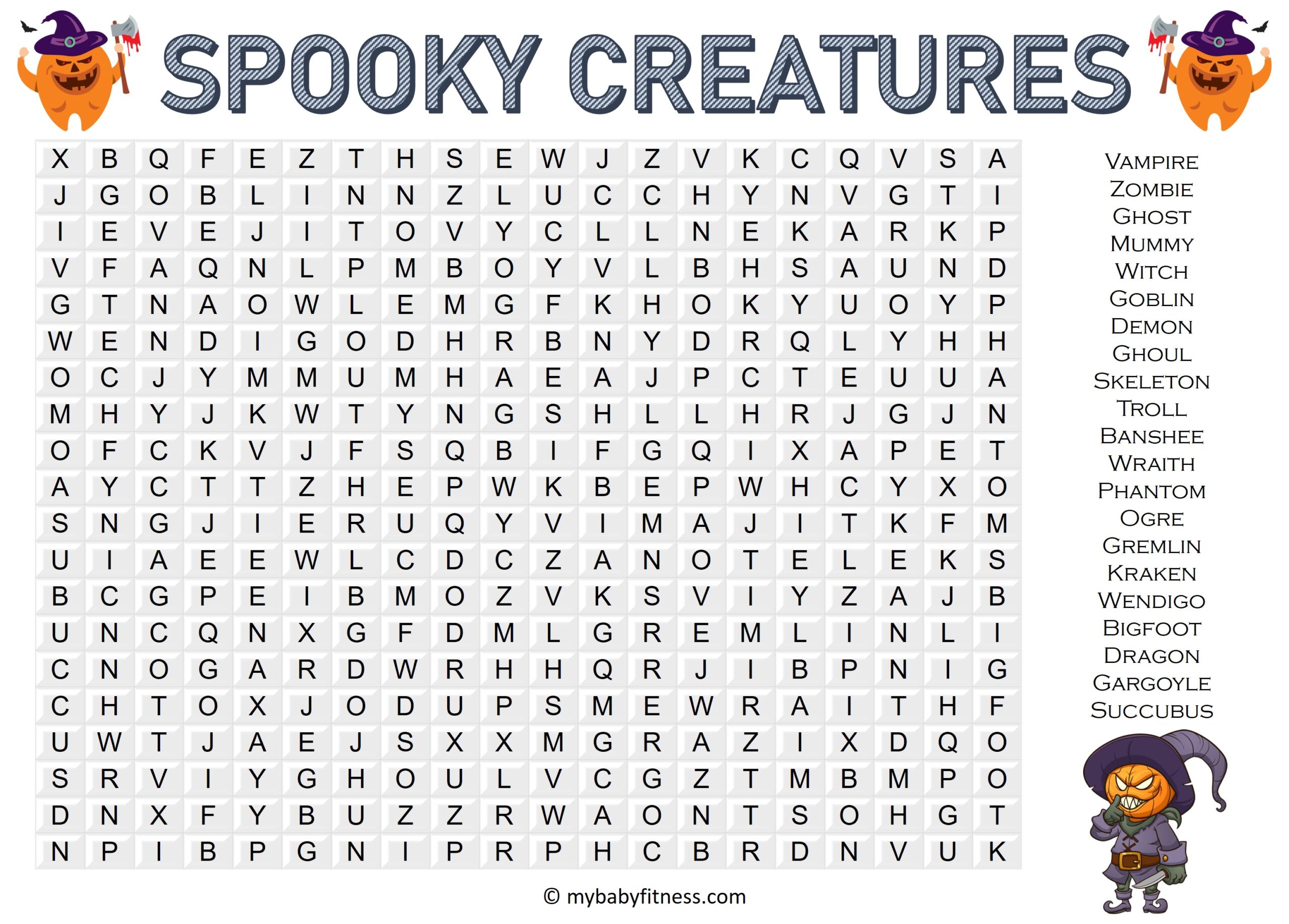 Spooky Creatures : Word Search – My Baby Fitness