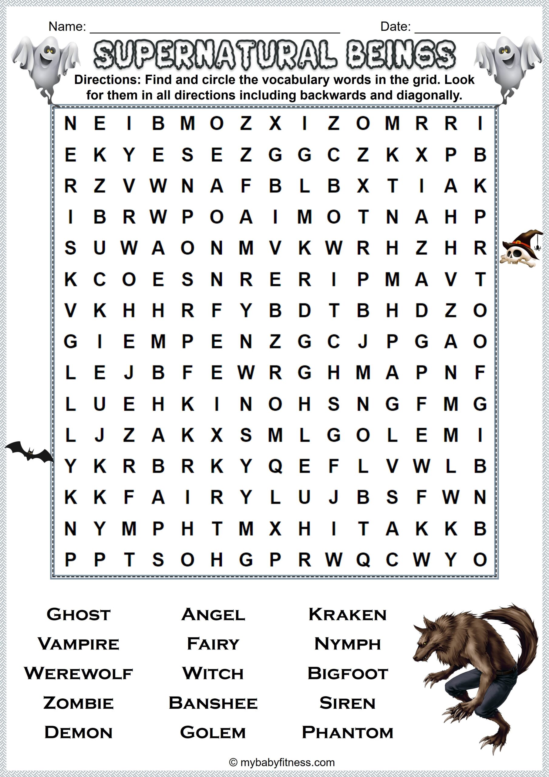 Supernatural Beings : Word Search – My Baby Fitness